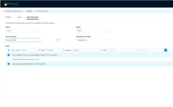 New feature - Cloning of Tests across projects. - useMango